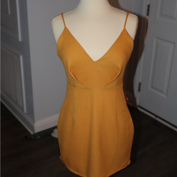 Luxxel | Dresses | Mustard Yellow Mini Backless Dress With Ruffle ...